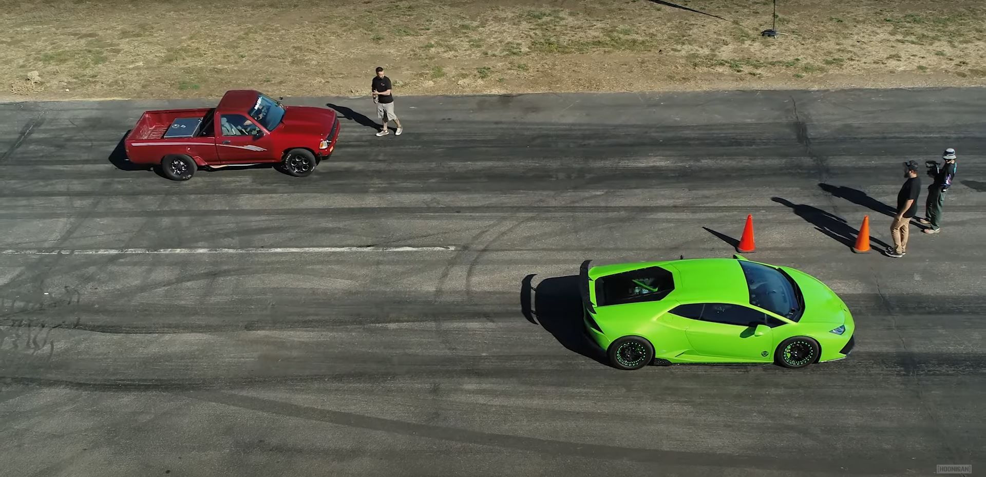 A Lamborghinin Huracan Takes on a Modified Toyota Truck in a Wild Drag Race