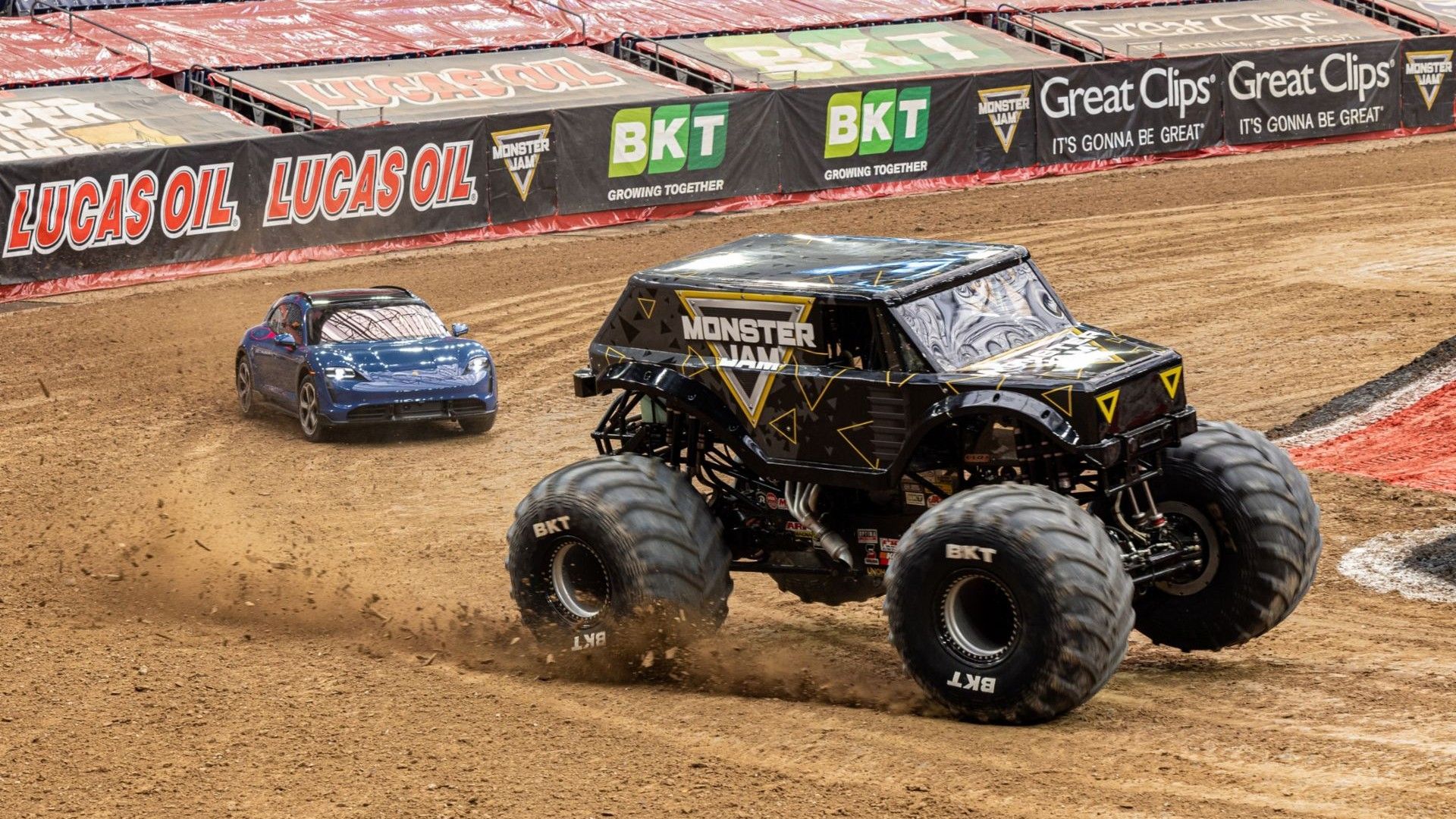 The Porsche Taycan Turbo S Cross Turismo And A Monster Jam Truck Duke ...